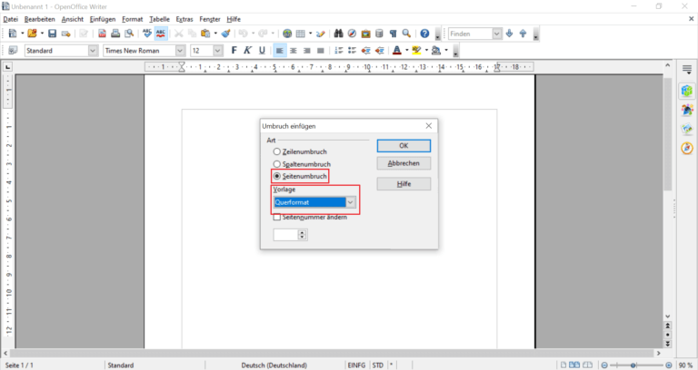 Open Office: Querformat einstellen