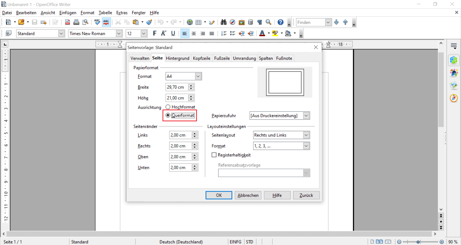 Open Office: Querformat einstellen